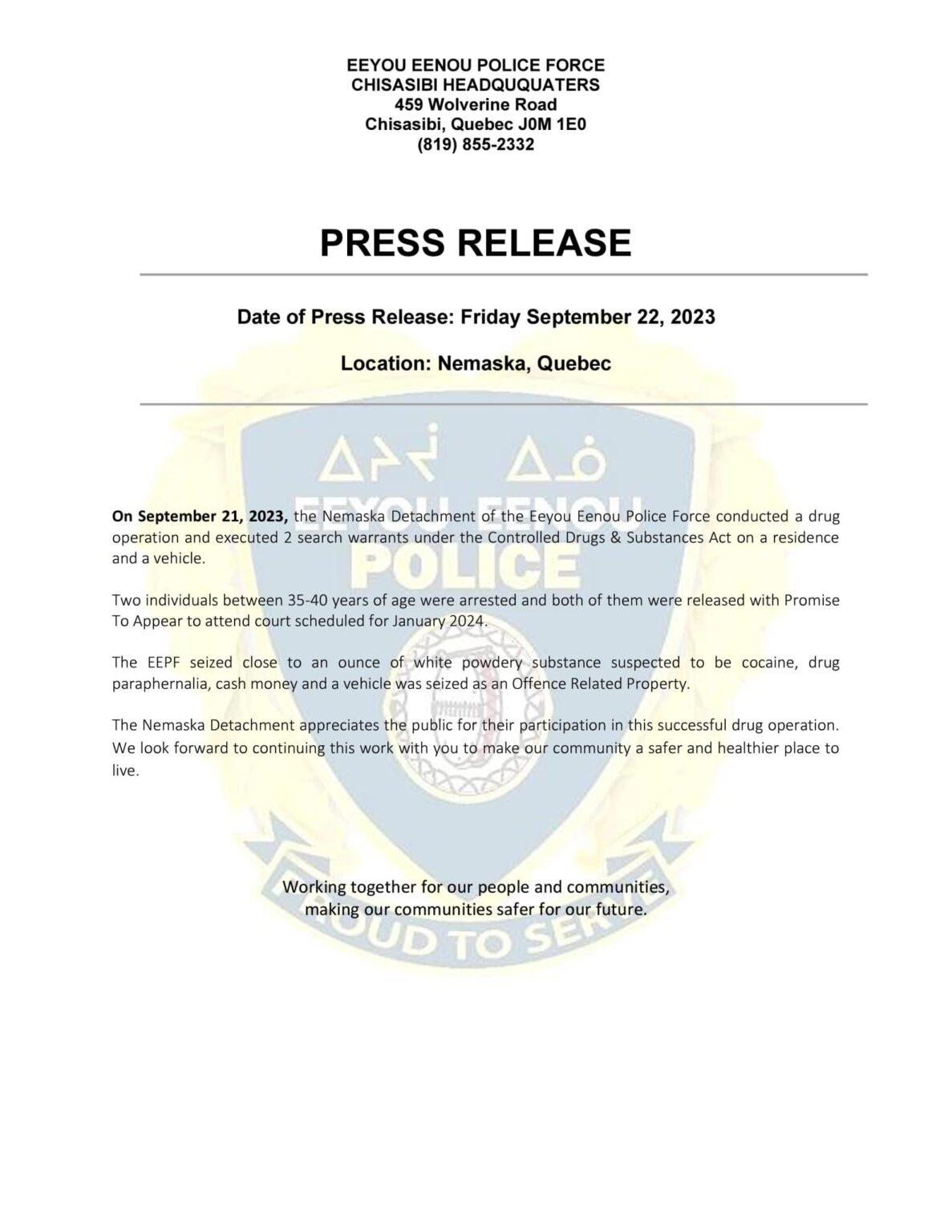 Press Release – Nemaska September 22, 2023 – EEPF